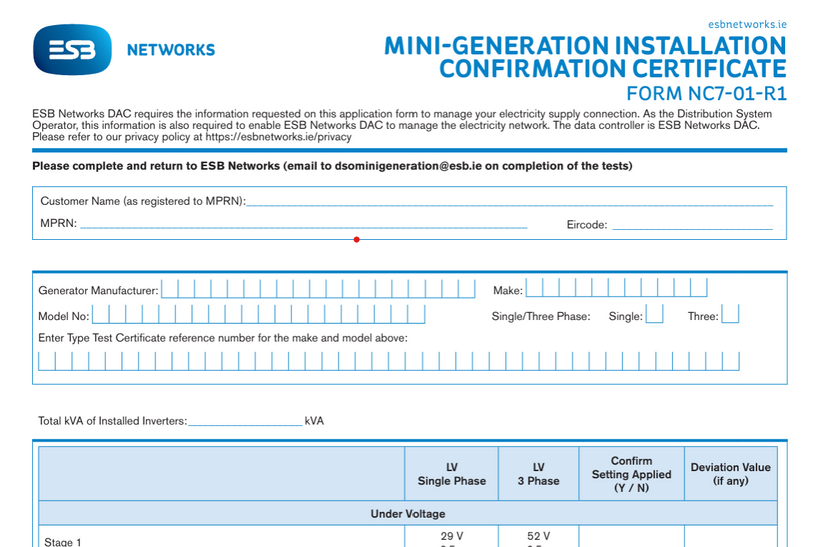 Solar PV Completion Form Submission (ESB NC7) – SolarAdmin Ireland